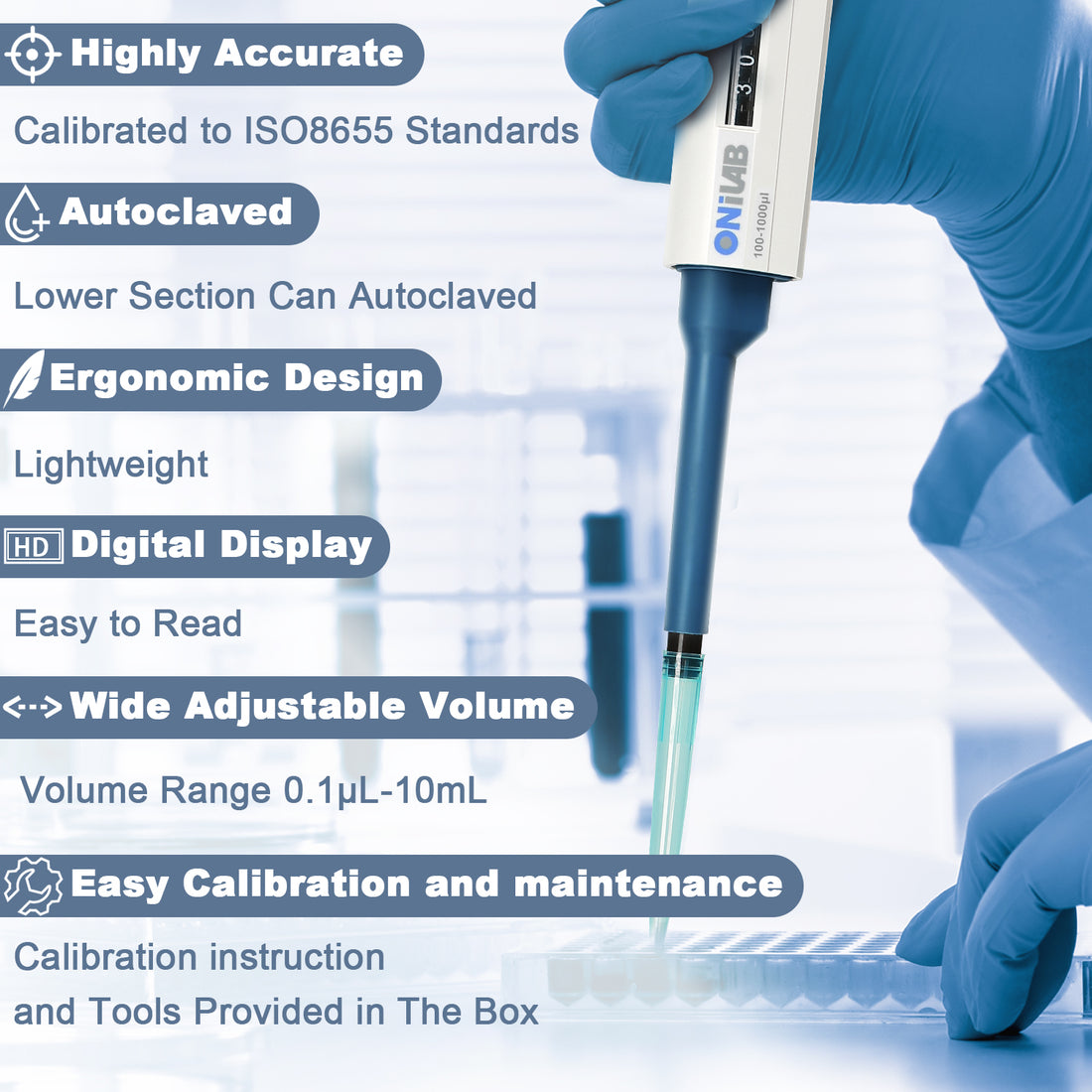ONiLAB Lab Micropipettes with ranges from 0.1μL to 10mL, Manual Adjust